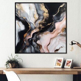 Designart "Black Gold Texture Splash Marble" Abstract Marble Framed Wall Art For Living Room ...
